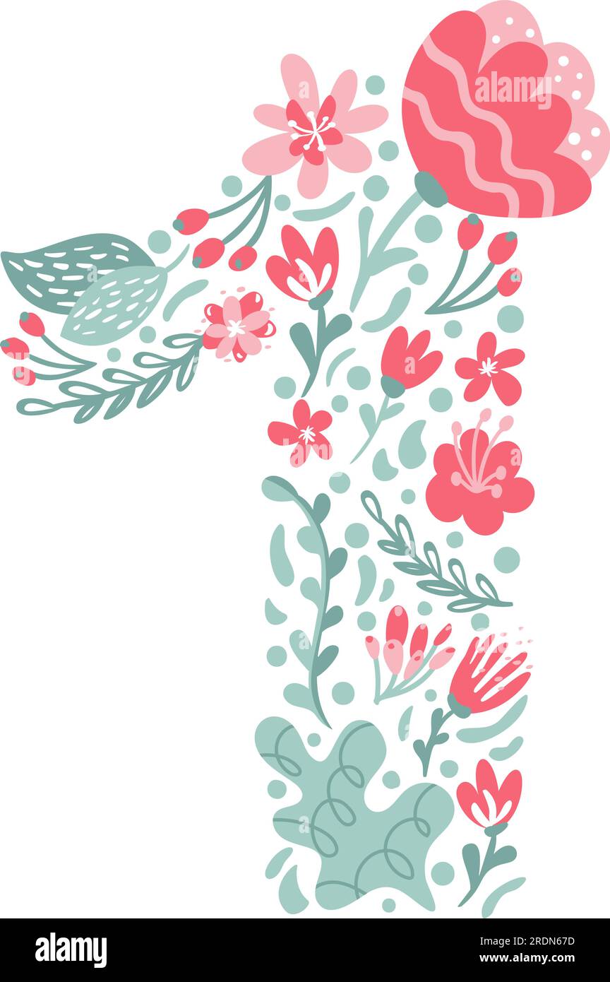Vector Hand Drawn Font Number 1 one with Flowers and Branches Blossom ...
