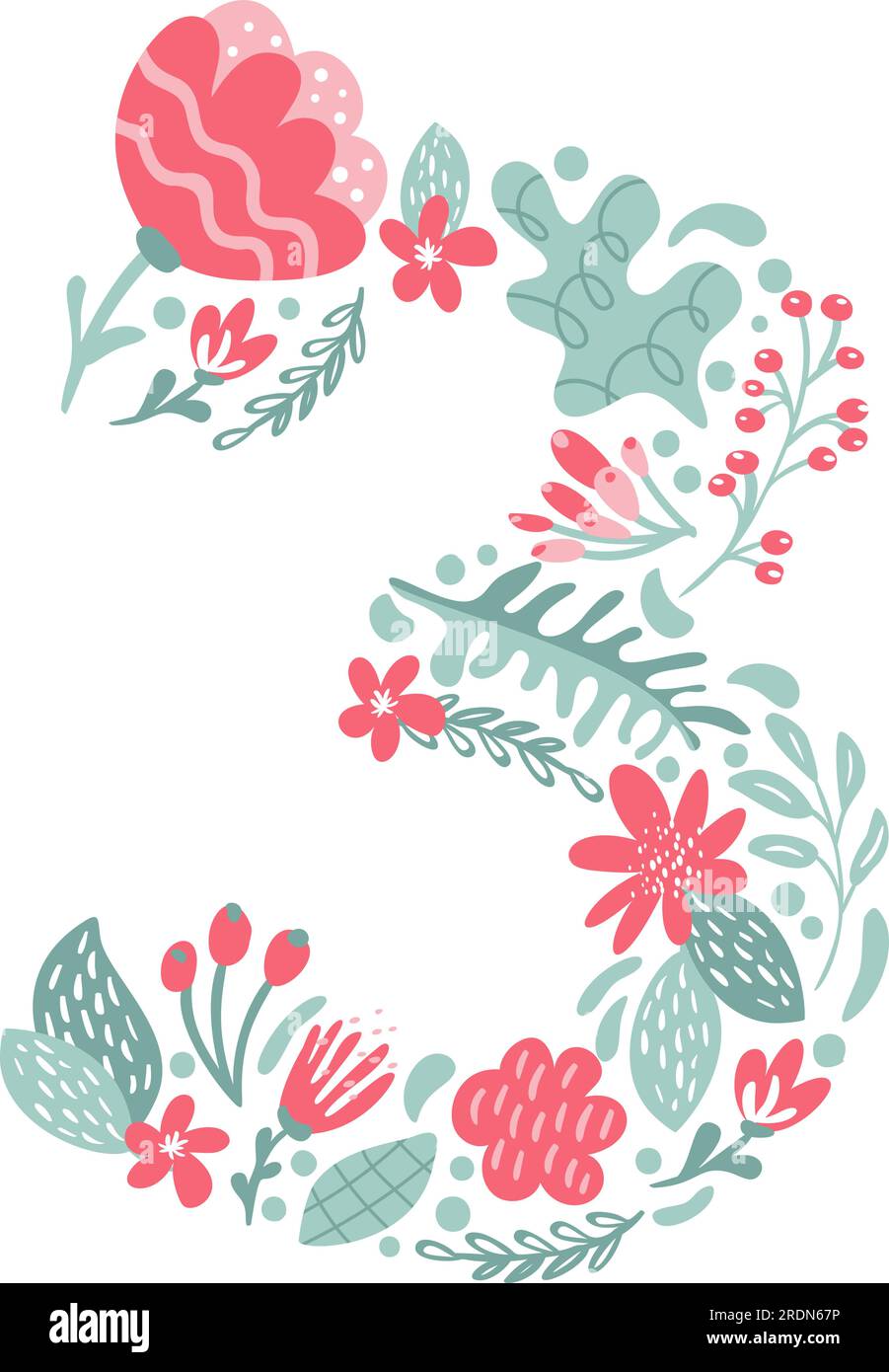 Vector Hand Drawn Font Number 3 three with Flowers and Branches Blossom ...