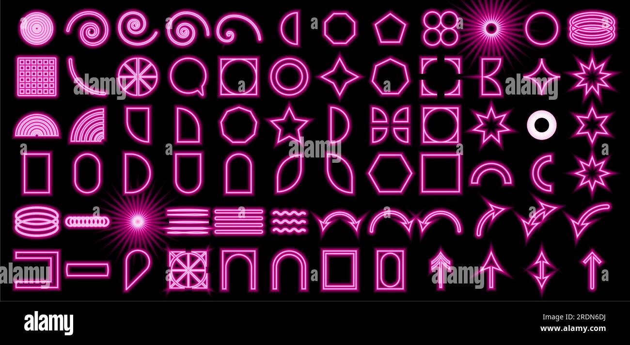 Neon geometric shapes, grids, abstract elements. Contemporary star formation, spiral flower ...