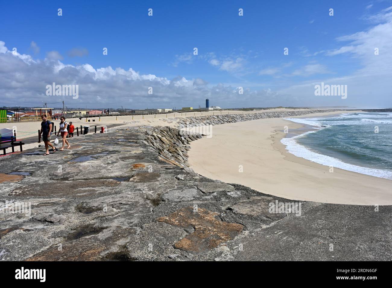 Praia de Paramos, long sandy beach with stone sea defences by Espinho ...