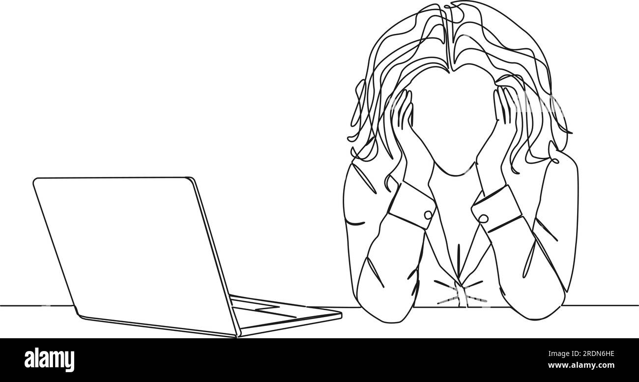 continuous single line drawing of stressed business woman sitting at ...