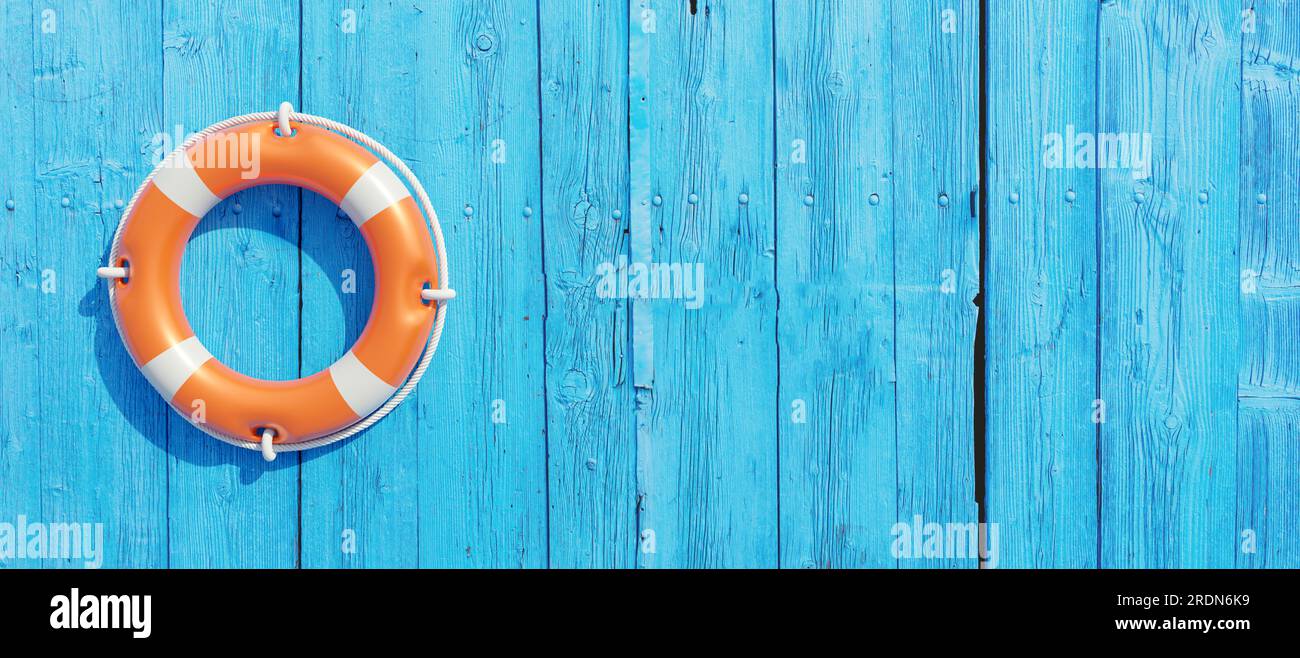 Lifebuoy on blue wooden background. Orange color life buoy ring, ocean and swimming safety ...
