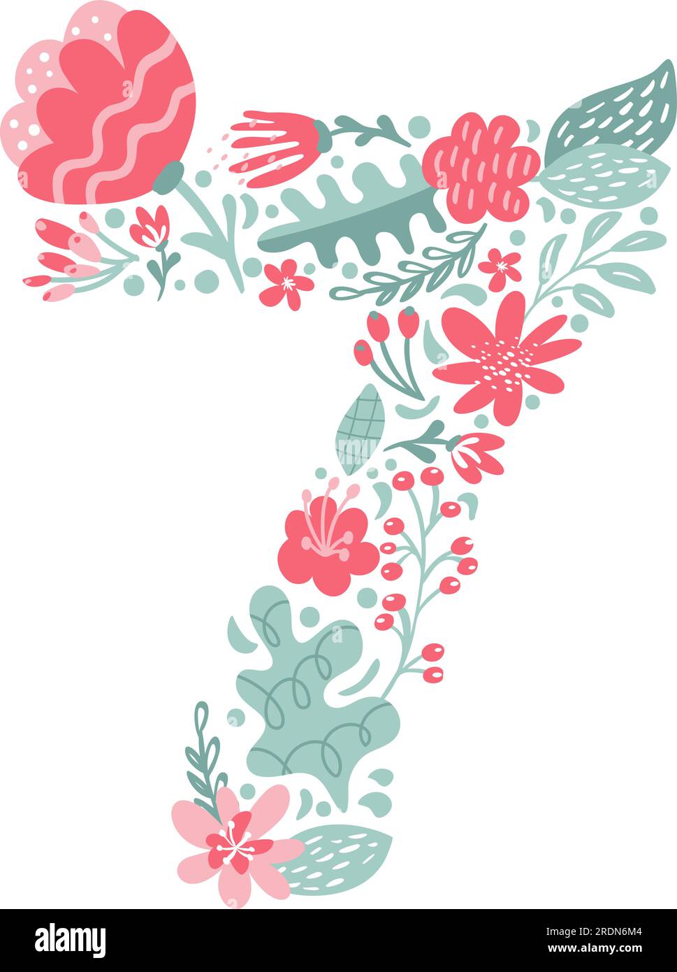 Vector Hand Drawn Font Number 7 seven with Flowers and Branches Blossom ...