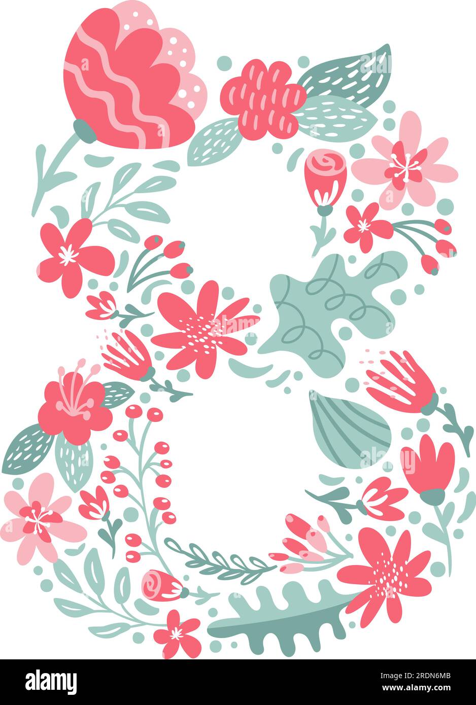 Vector Hand Drawn Font Number 8 eight with Flowers and Branches Blossom ...