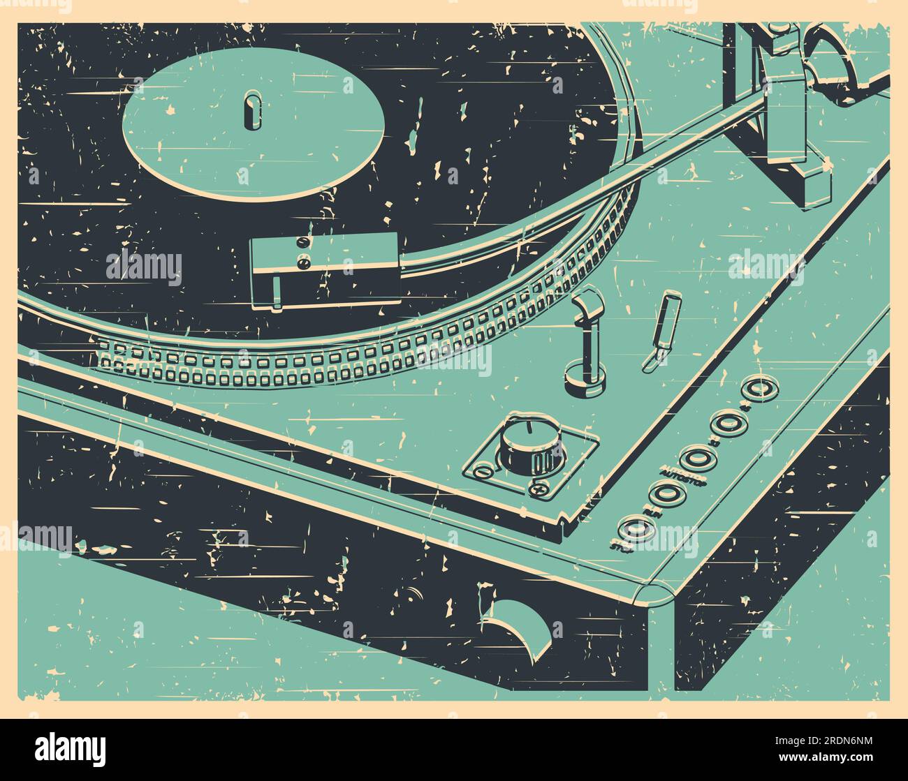 Stylized vector illustration of a vinyl player closeup in retro poster ...