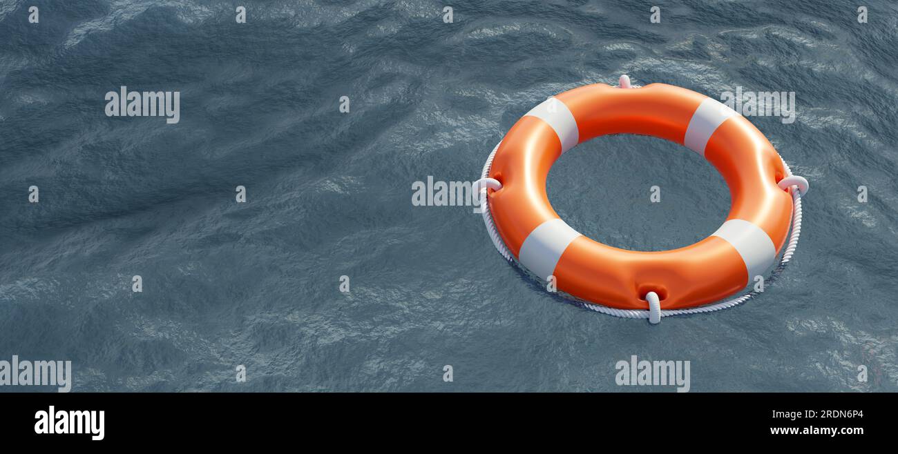 Lifebuoy on blue rippled ocean background. Orange color life buoy ring, marine safety equipment ...