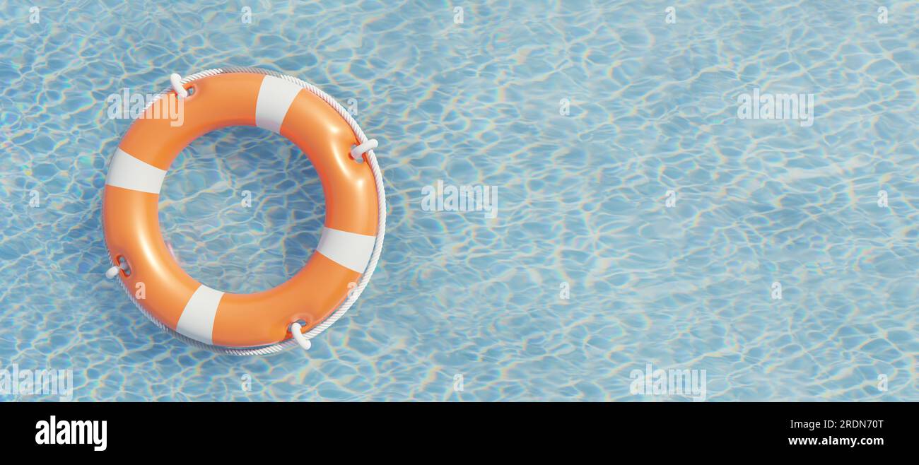 Lifebuoy on blue ocean background. Orange color life buoy ring, marine safety equipment, copy ...