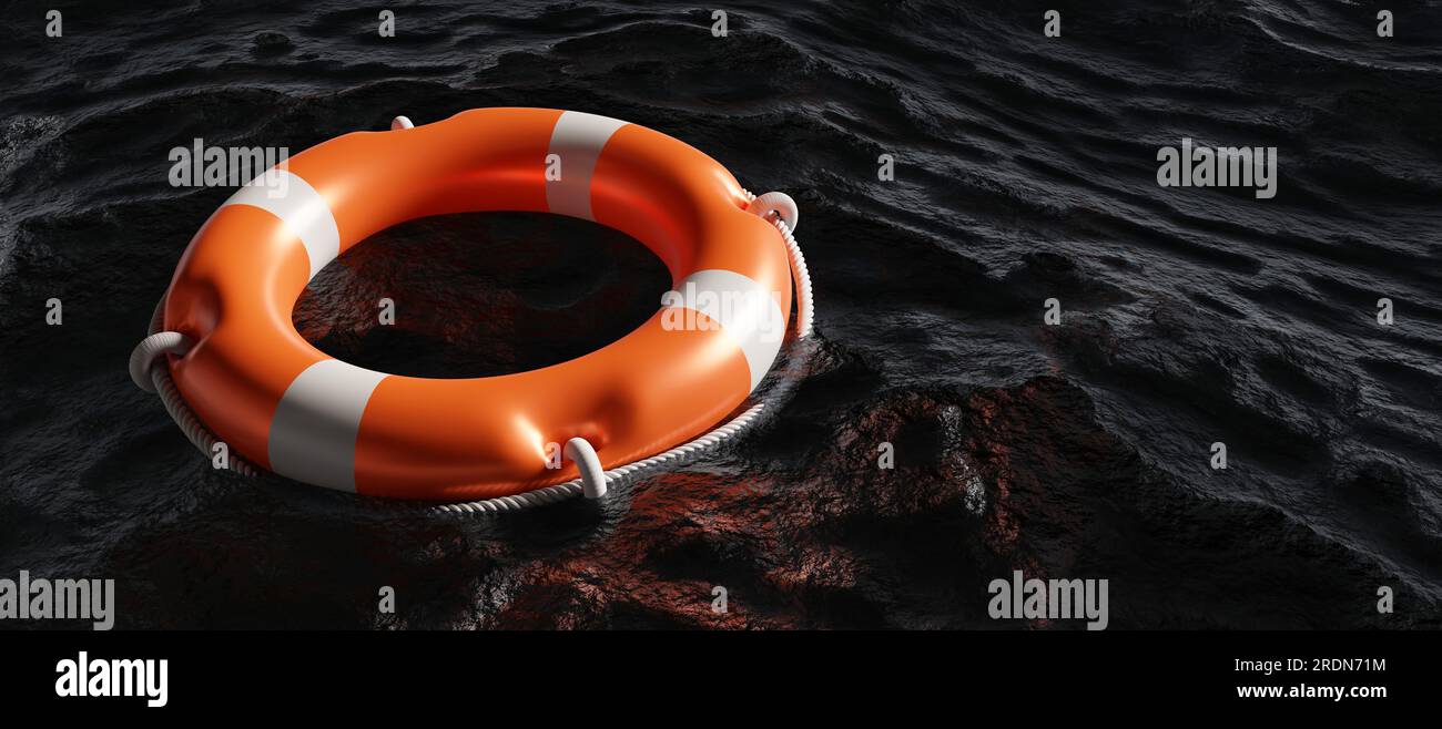 Lifebuoy on dark rippled ocean background. Orange color life buoy ring, marine safety equipment ...