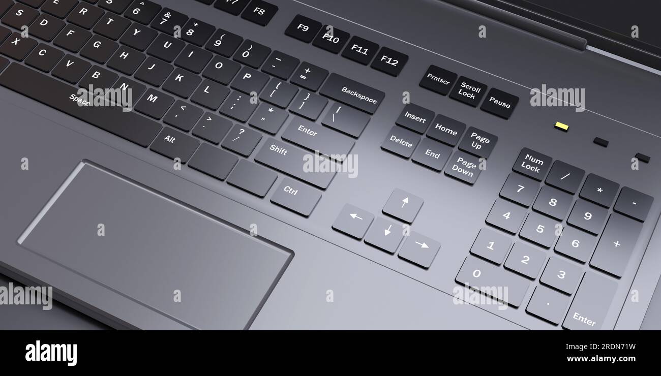 Computer laptop keyboard, black color closeup view. 3d render Stock ...