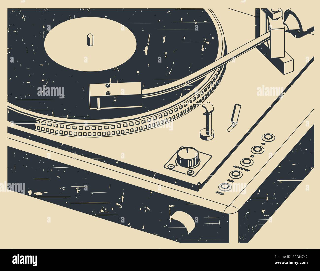 Stylized vector illustration of a vinyl player closeup in retro poster ...