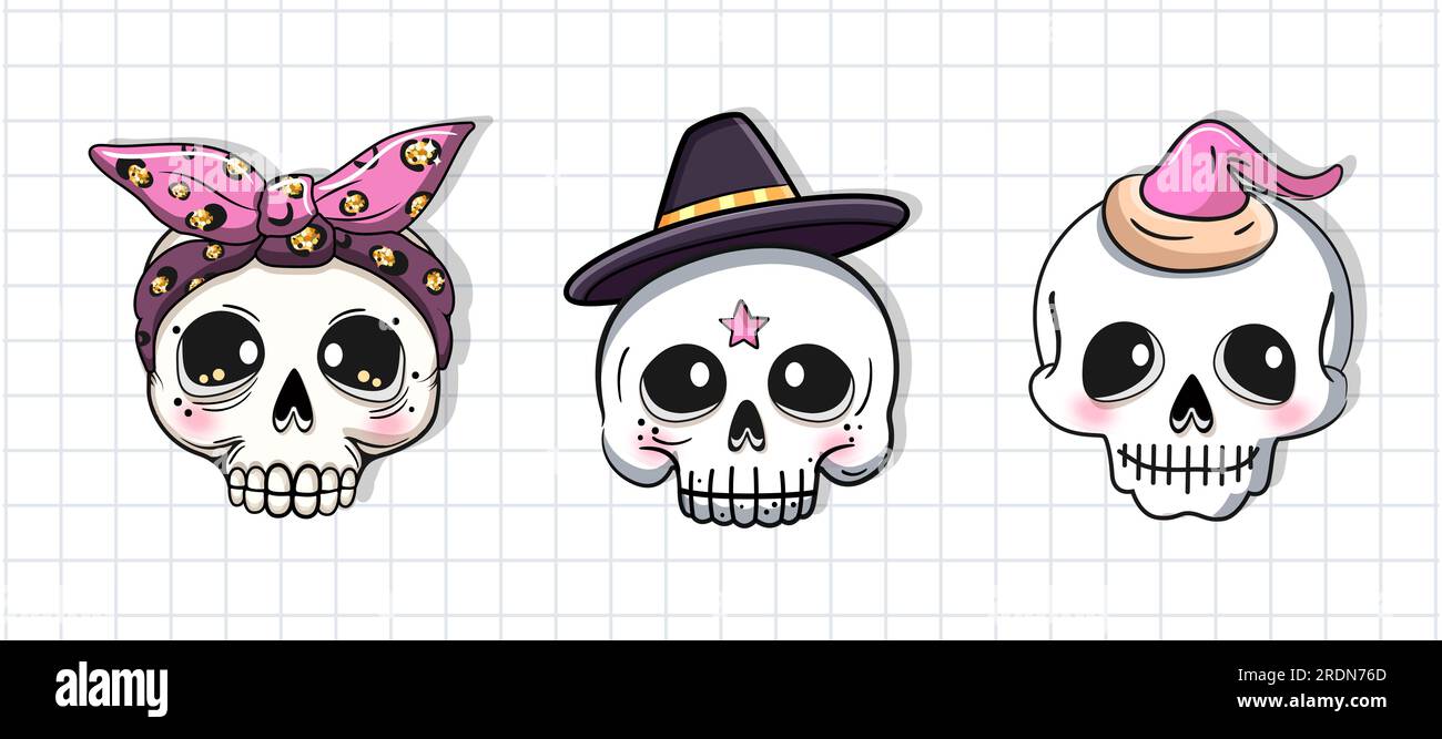 Cute cartoon skulls set. Halloween party. Vector illustration Stock ...