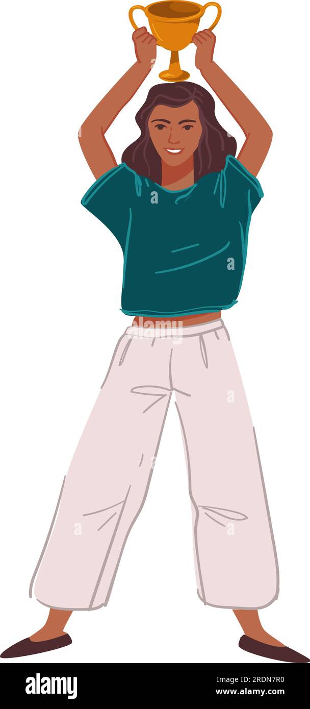 Female character holding golden triumph award in hands, woman proud of ...