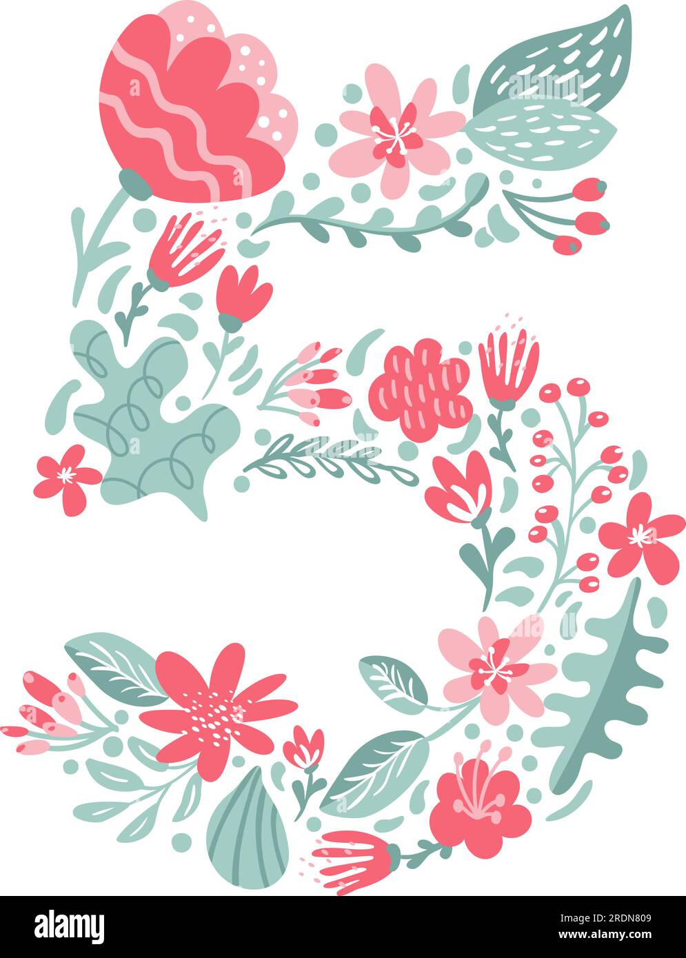 Vector Hand Drawn Font Number 5 five with Flowers and Branches Blossom ...