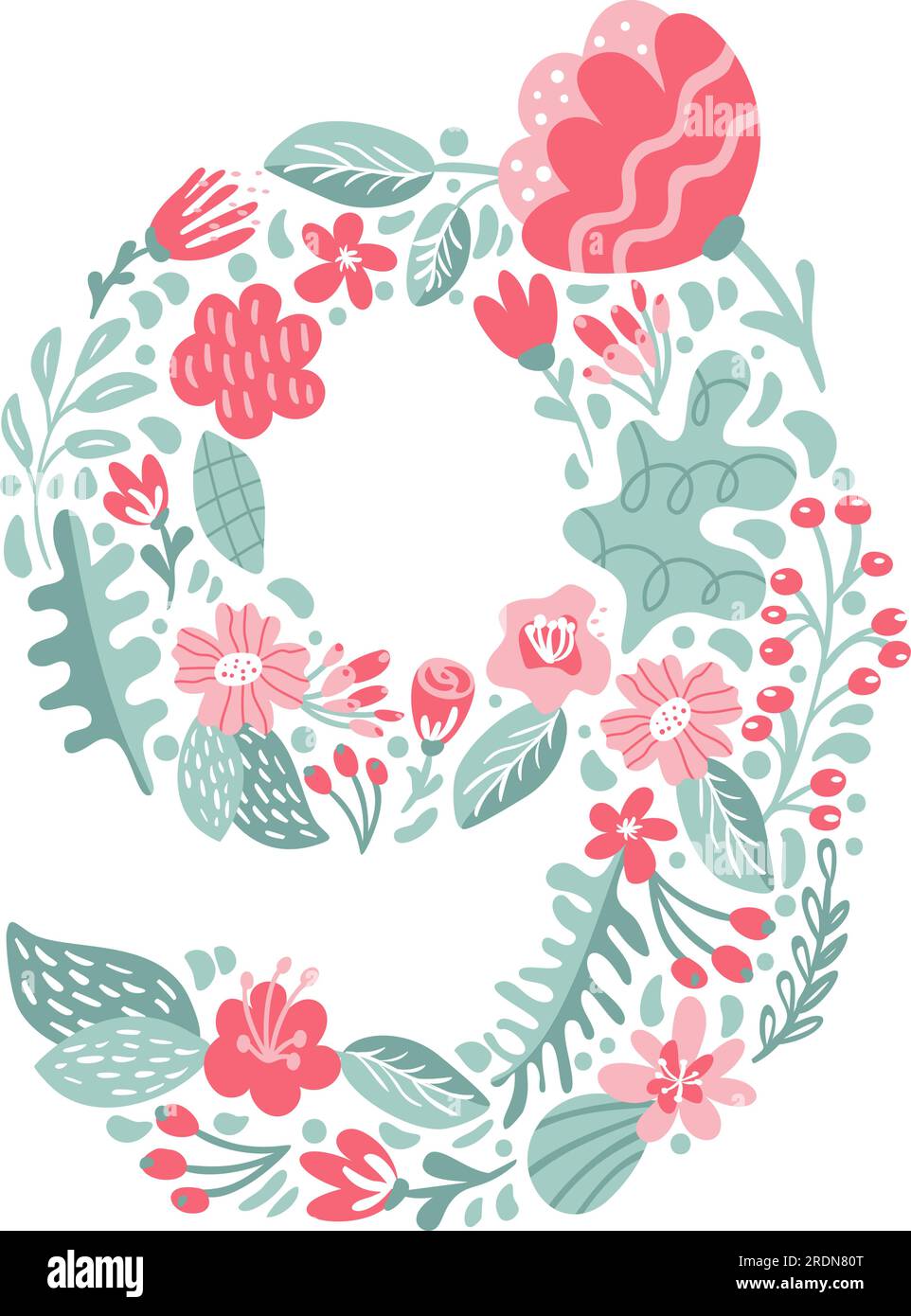 Vector Hand Drawn Font Number 9 nine with Flowers and Branches Blossom ...