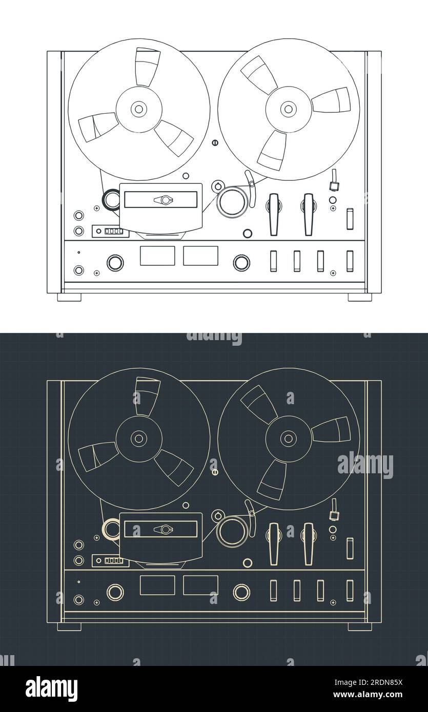 Stylized vector illustrations of blueprints of reel to reel tape ...