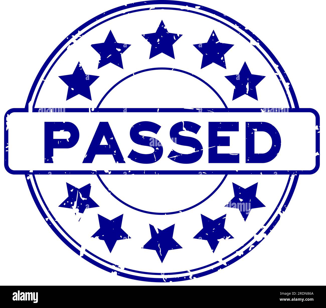 Grunge blue passed word with star icon round rubber seal stamp on white ...