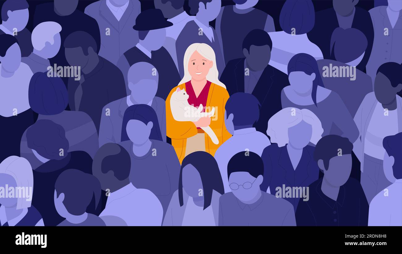 Happy old woman holding cat in crowd vector illustration. Cartoon ...