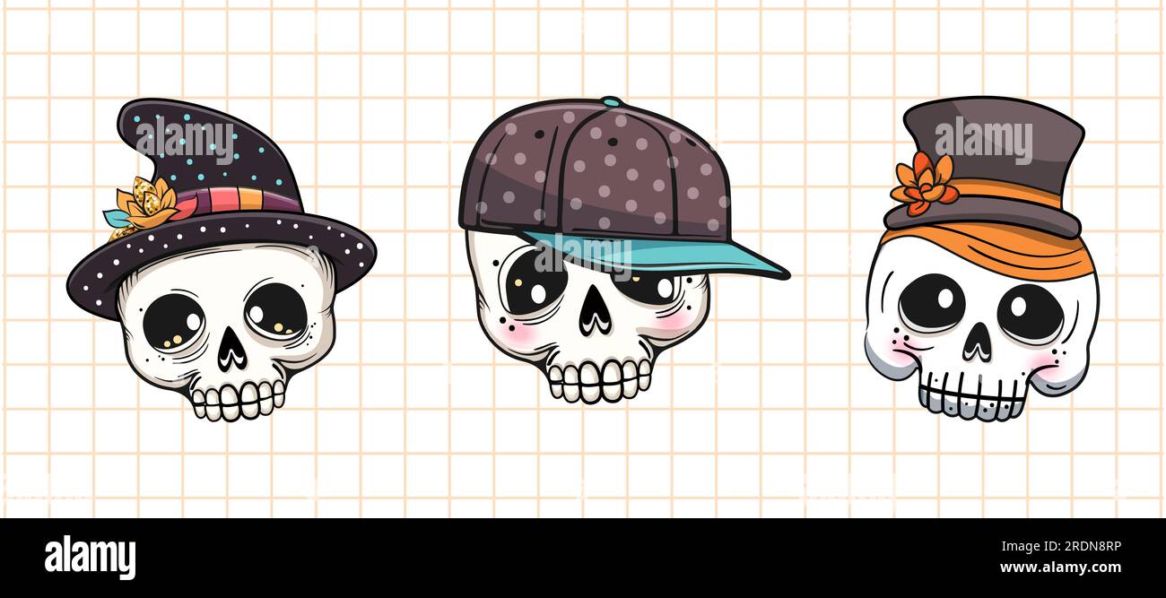 Cute cartoon skulls set. Halloween party. Vector illustration Stock ...