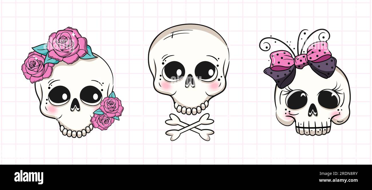 Cute cartoon skulls set. Halloween party. Vector illustration Stock ...