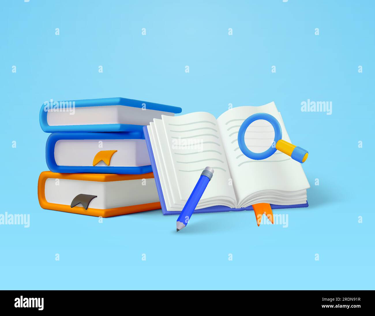 3d stack of books, opened book with text, bookmark, magnifying glass ...