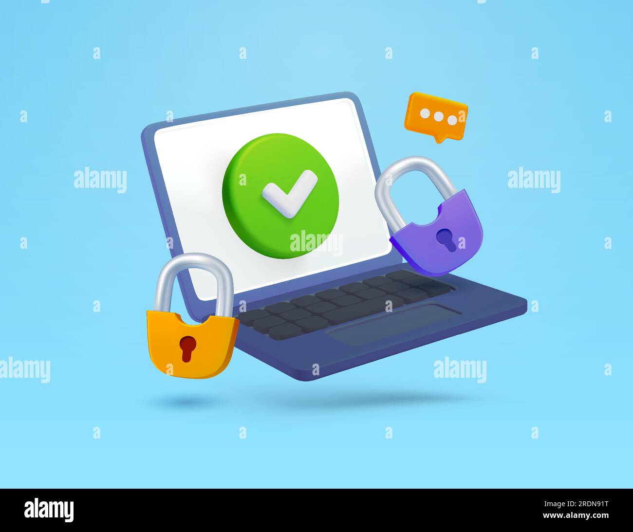 3d laptop with green check mark, orange and purple security lock, chat ...
