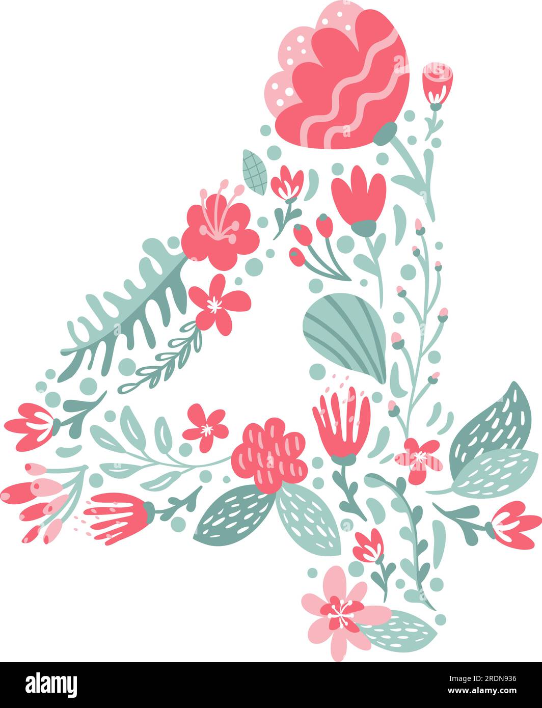 Vector Hand Drawn Font Number 4 four with Flowers and Branches Blossom ...