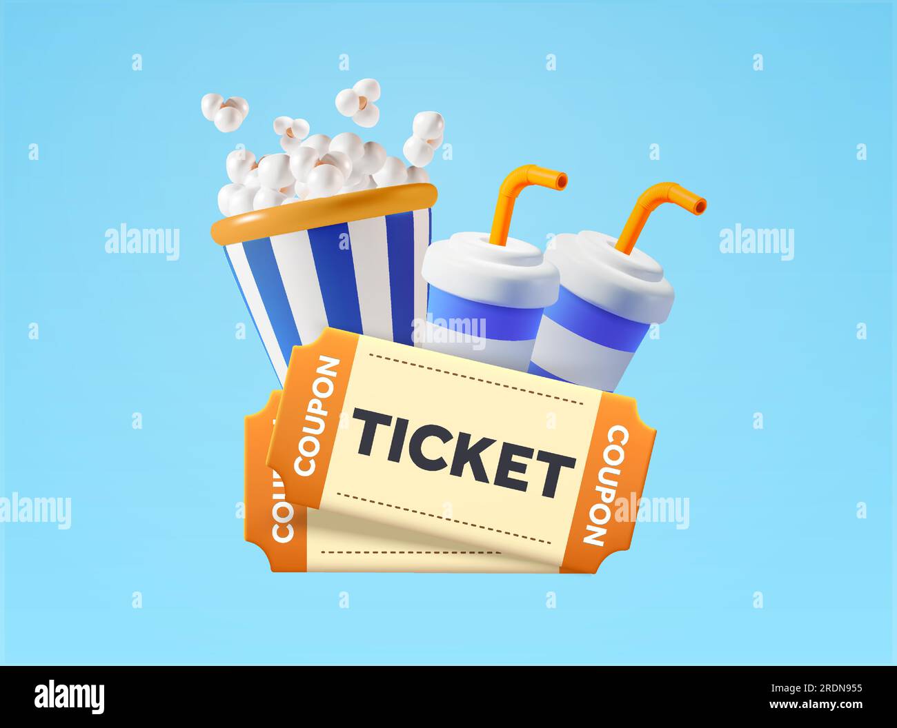 3d couple movie coupon tickets, paper glass drinks, popcorn, isolated ...