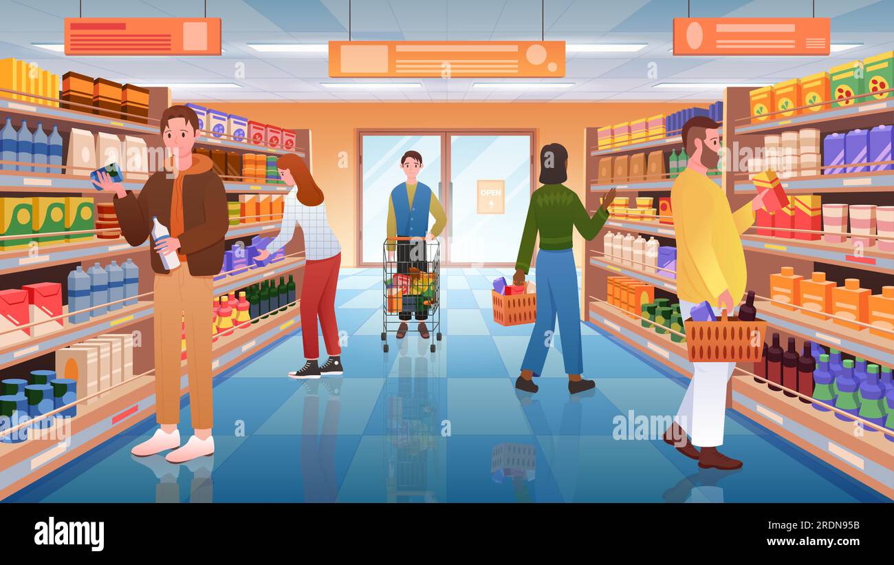 People in aisle of supermarket or grocery store vector illustration. Cartoon man and woman ...