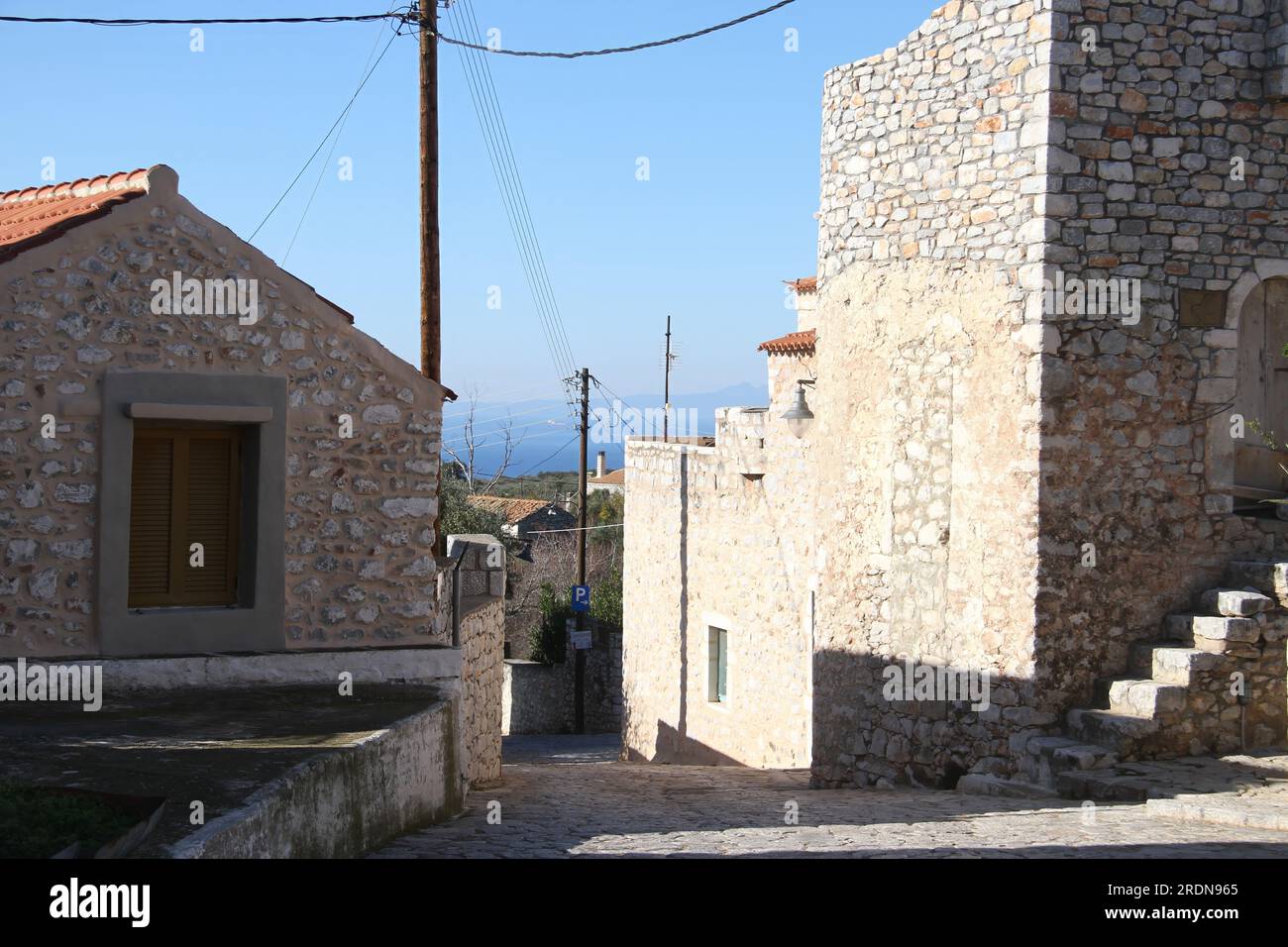 Stone houses in Town of Aeropoli in Mani, Greece Stock Photo - Alamy