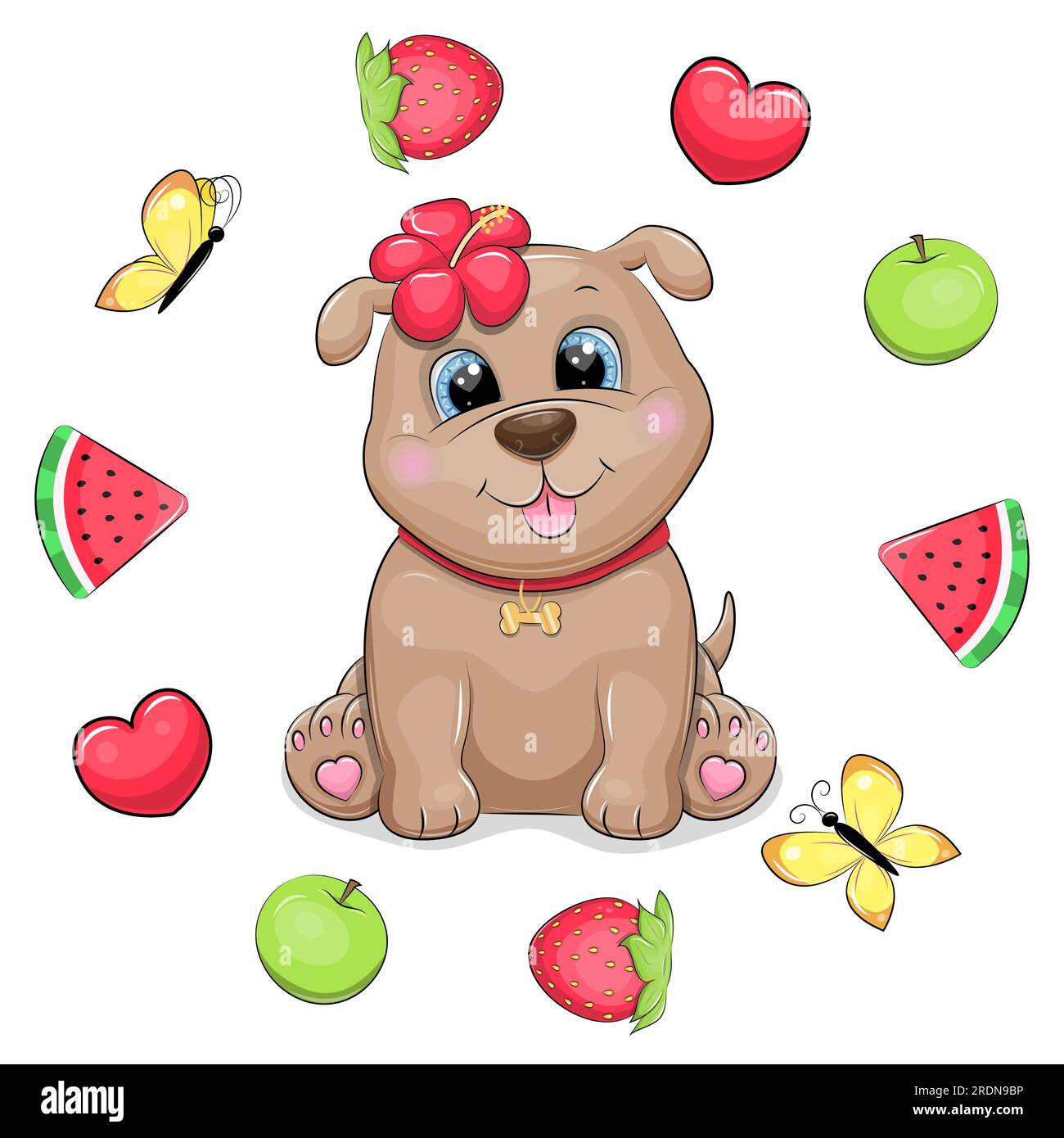 Cute cartoon dog with a tropical flower in a fruit frame. Summer vector ...