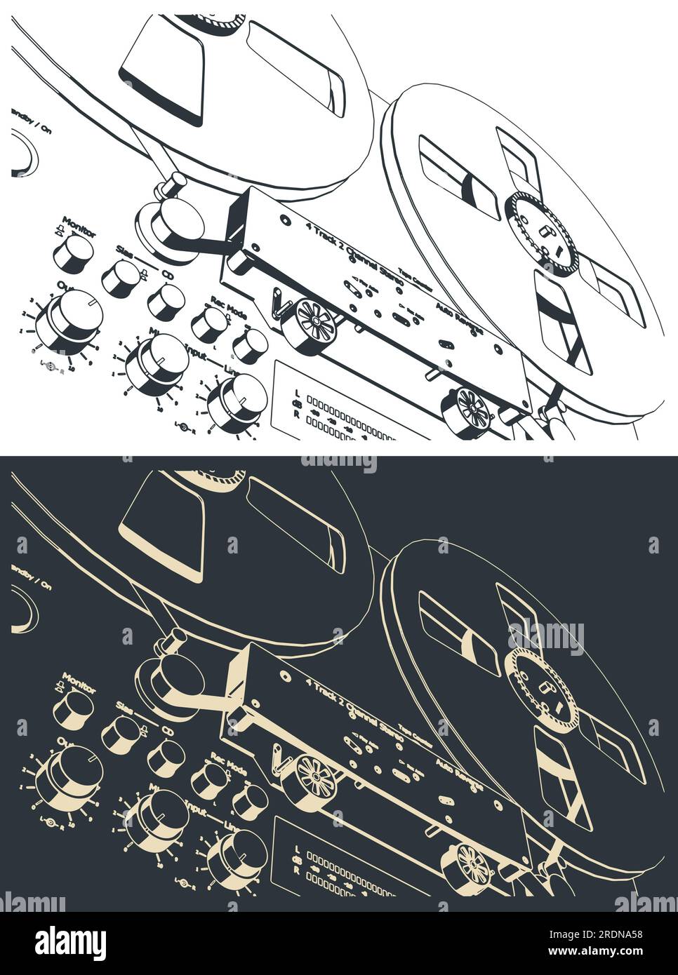 Stylized vector illustrations of reel to reel tape recorder close up ...