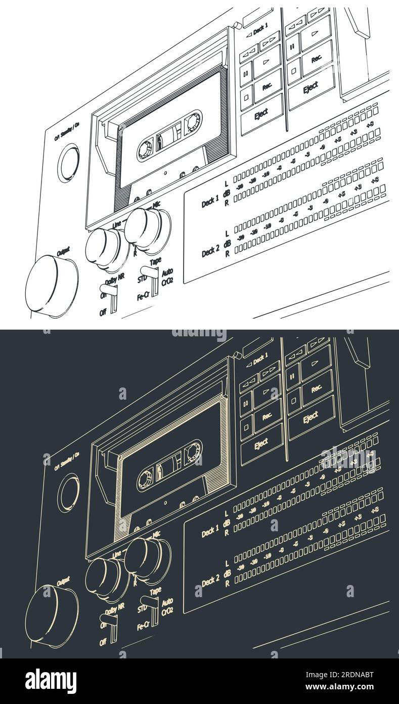 Stylized vector illustrations of a cassette deck of a tape recorder ...