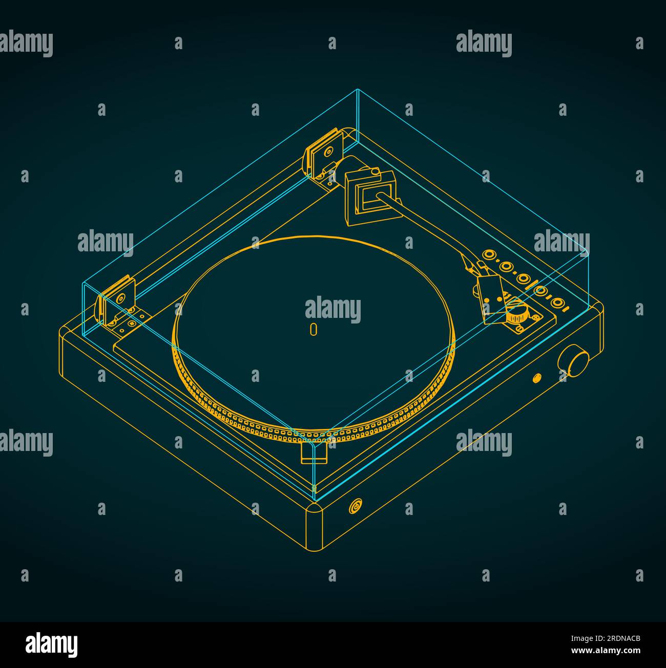 Stylized vector illustration of isometric blueprint of turntable vinyl ...