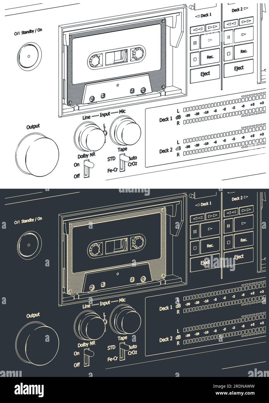 Stylized vector illustrations of a cassette deck of a tape recorder ...