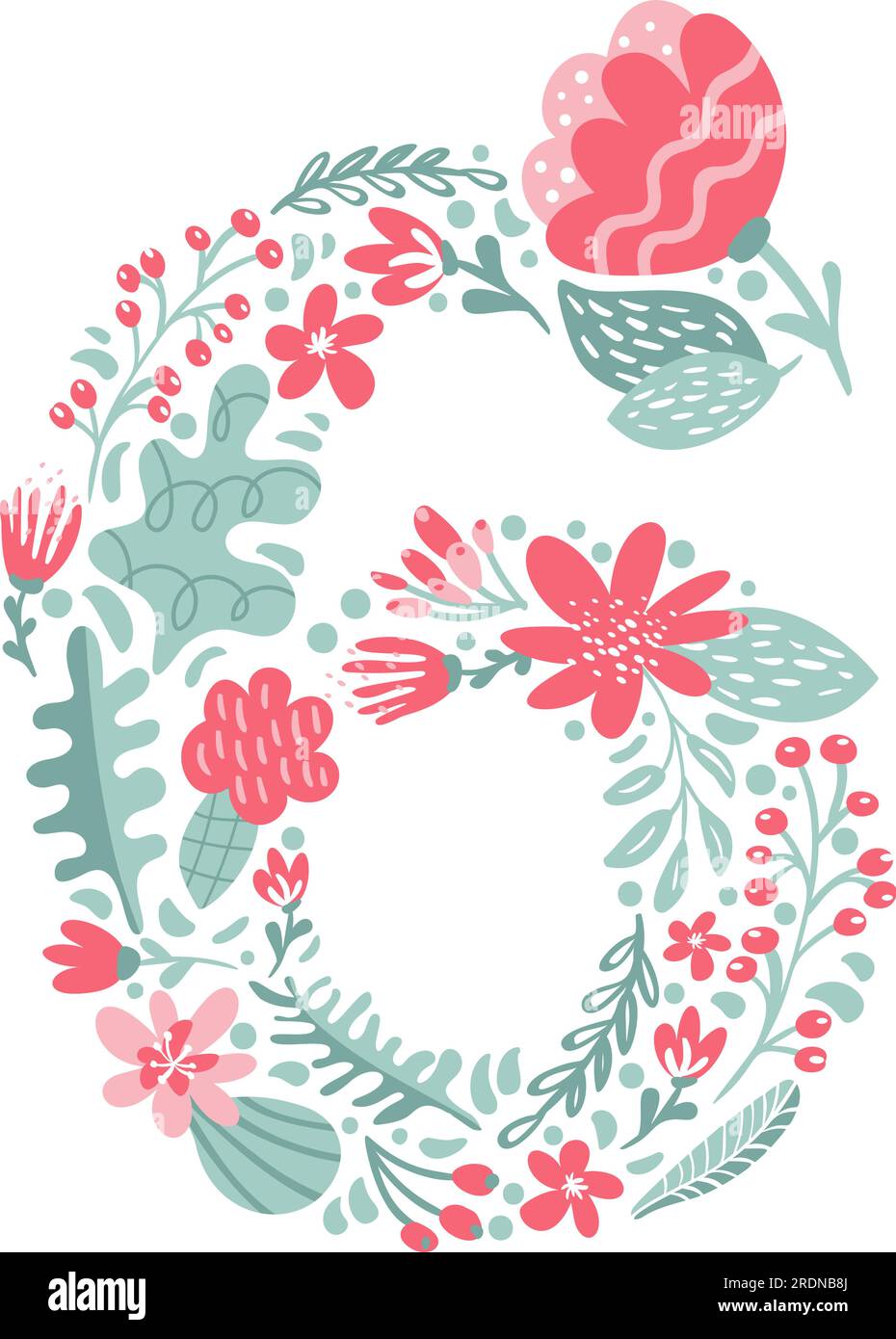 Vector Hand Drawn Font Number 6 six with Flowers and Branches Blossom ...