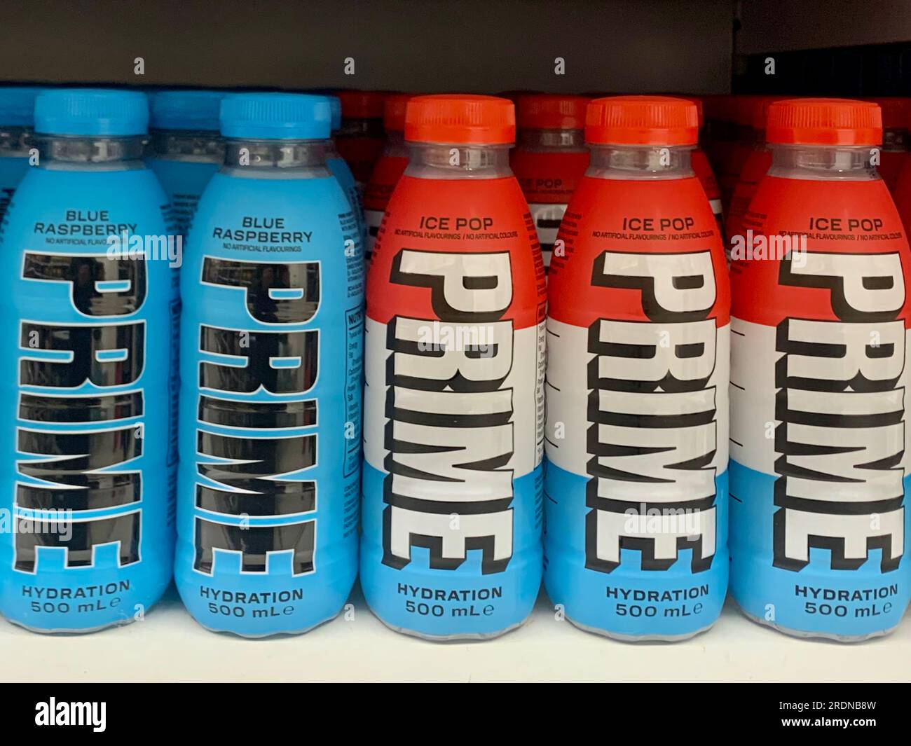 Bottles of Prime Hydration drink on the shelves of a uk supermarket ...