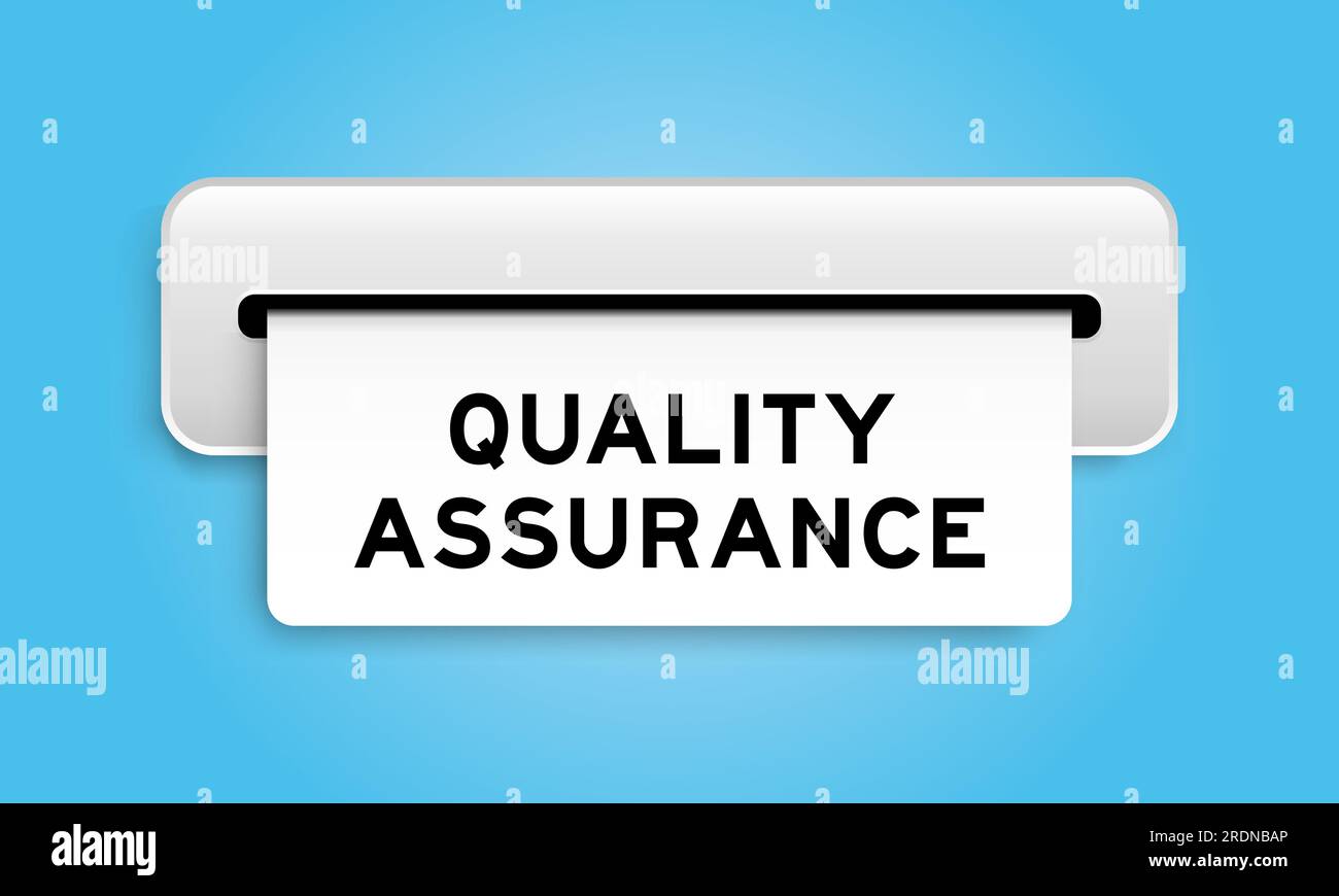 White coupon banner with word quality assurance from machine on blue ...