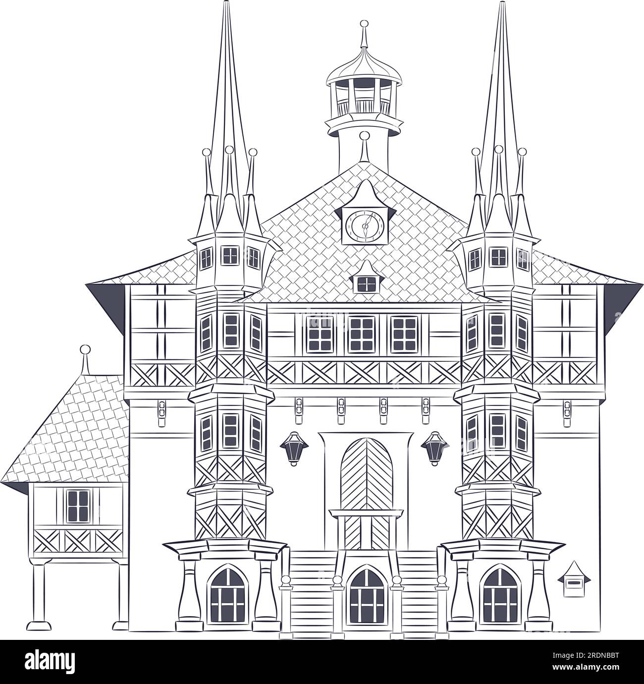 Drawing of a half-timbered medieval city hall with a clock in ...