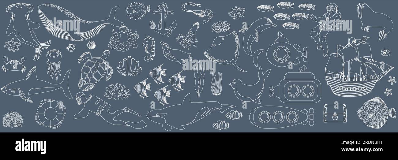 Vector ocean mega set with whale,turtle,jellyfish,shark,crab,octopus ...