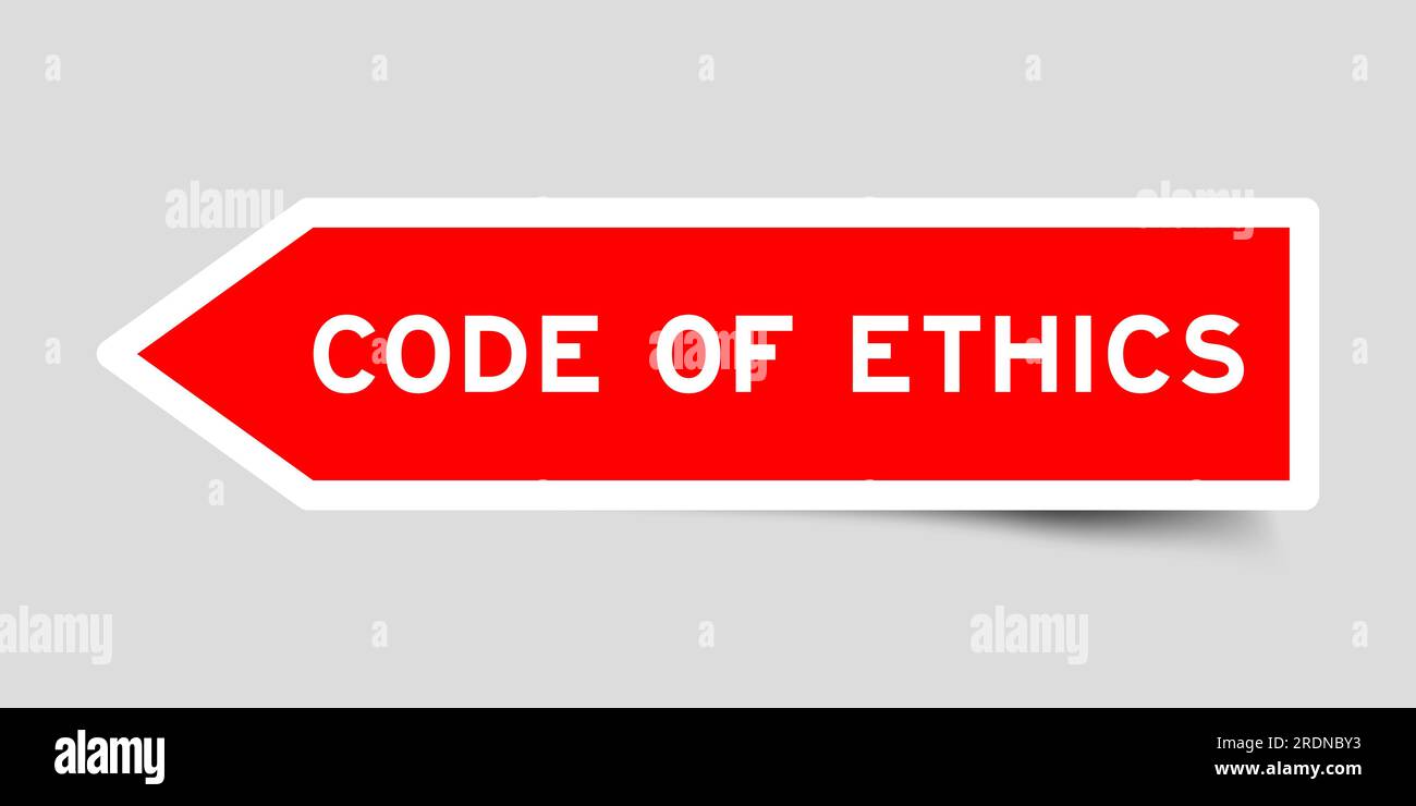 Red en color arrow shape sticker label with word code of ethics on gray ...