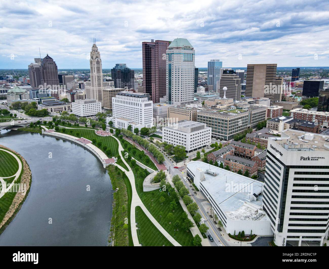 Columbus Ohio City Skyline Downtown Aerial Photo Over River Stock Photo ...