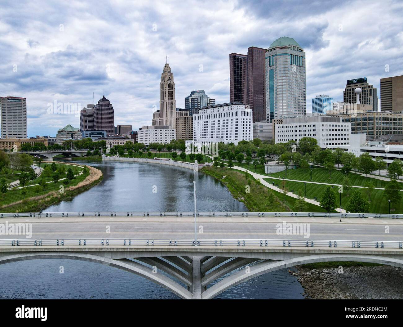 Columbus Ohio City Downtown Skyline Over Rich Street Bridge Stock Photo ...