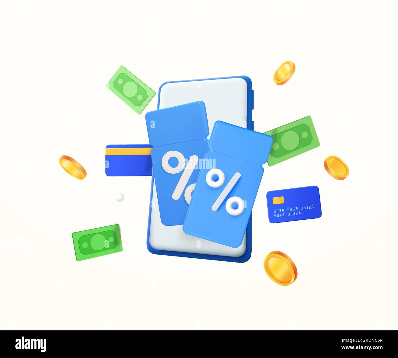 3d vouchers or coupons with smartphone, floating dollar, banking credit ...
