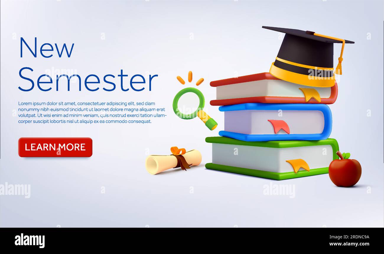 3d pile of books with graduation cap or hat, diploma, magnifying glass ...