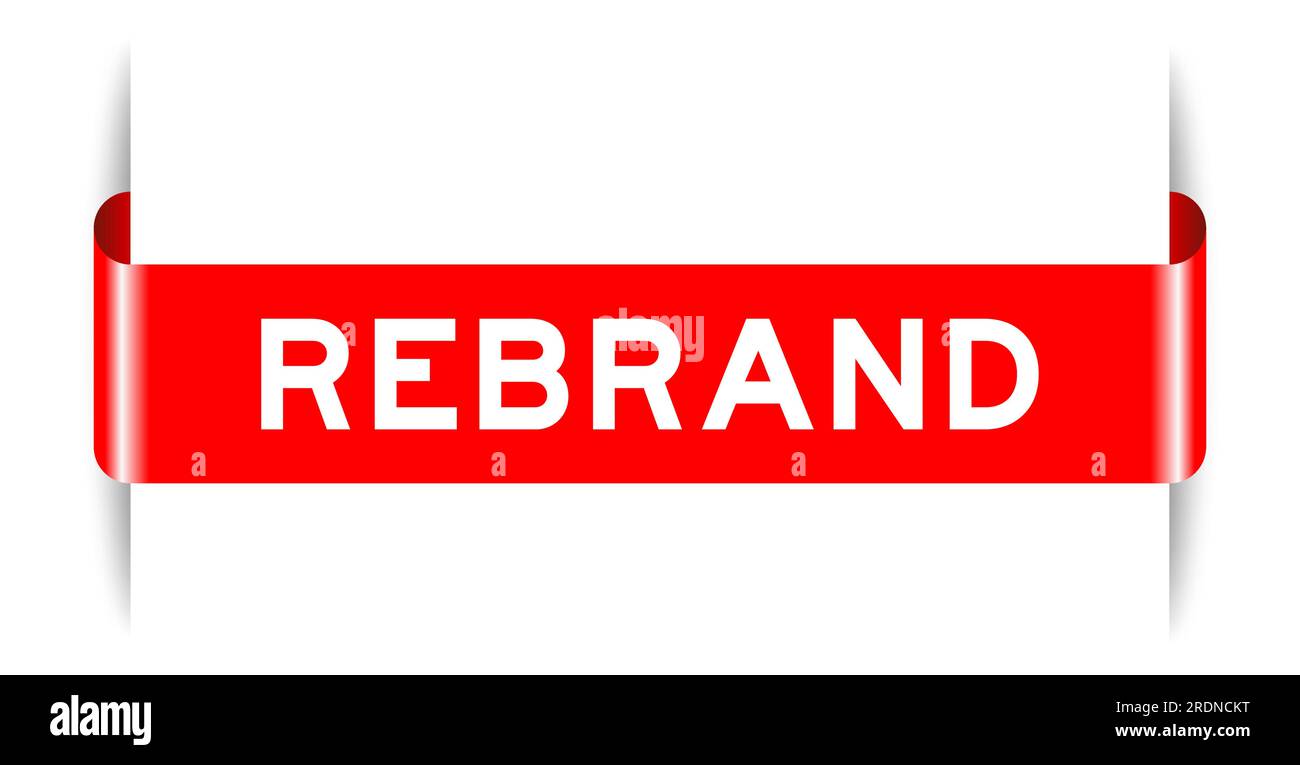 Red color inserted label banner with word rebrand on white background ...