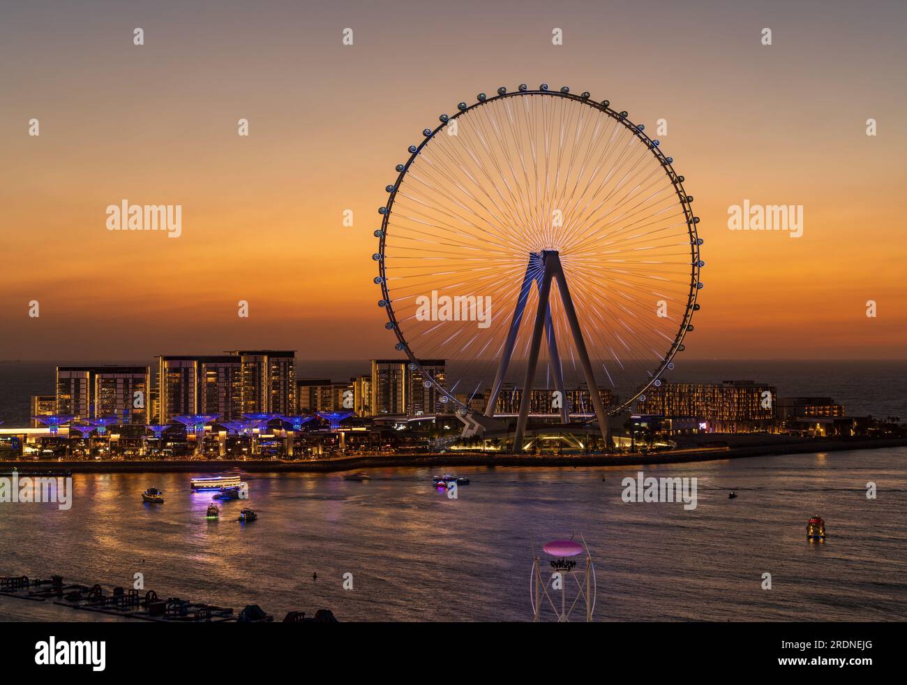 Lights on structure of Ain Dubai Observation Wheel on BlueWaters Island ...
