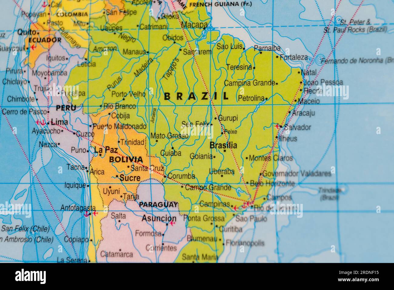 This stock image shows a close-up of the country of Brazil in a map of ...