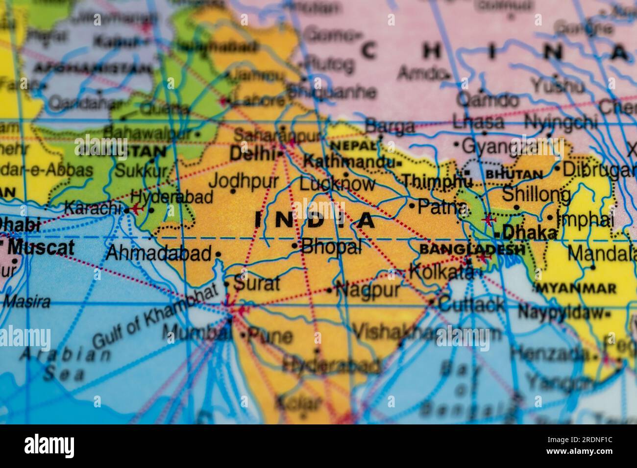 This stock image shows a close-up of the country of India in a map. The ...