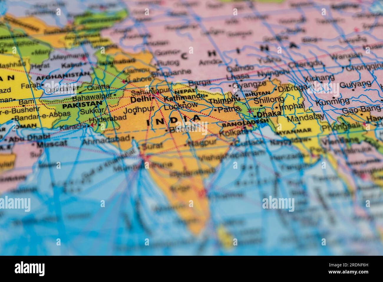 This stock image shows a close-up of the country of India in a map. The ...