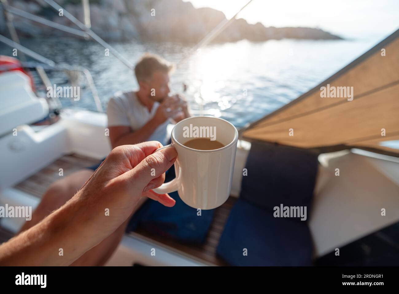 Breakfast on the yacht in bay on the sea Stock Photo - Alamy